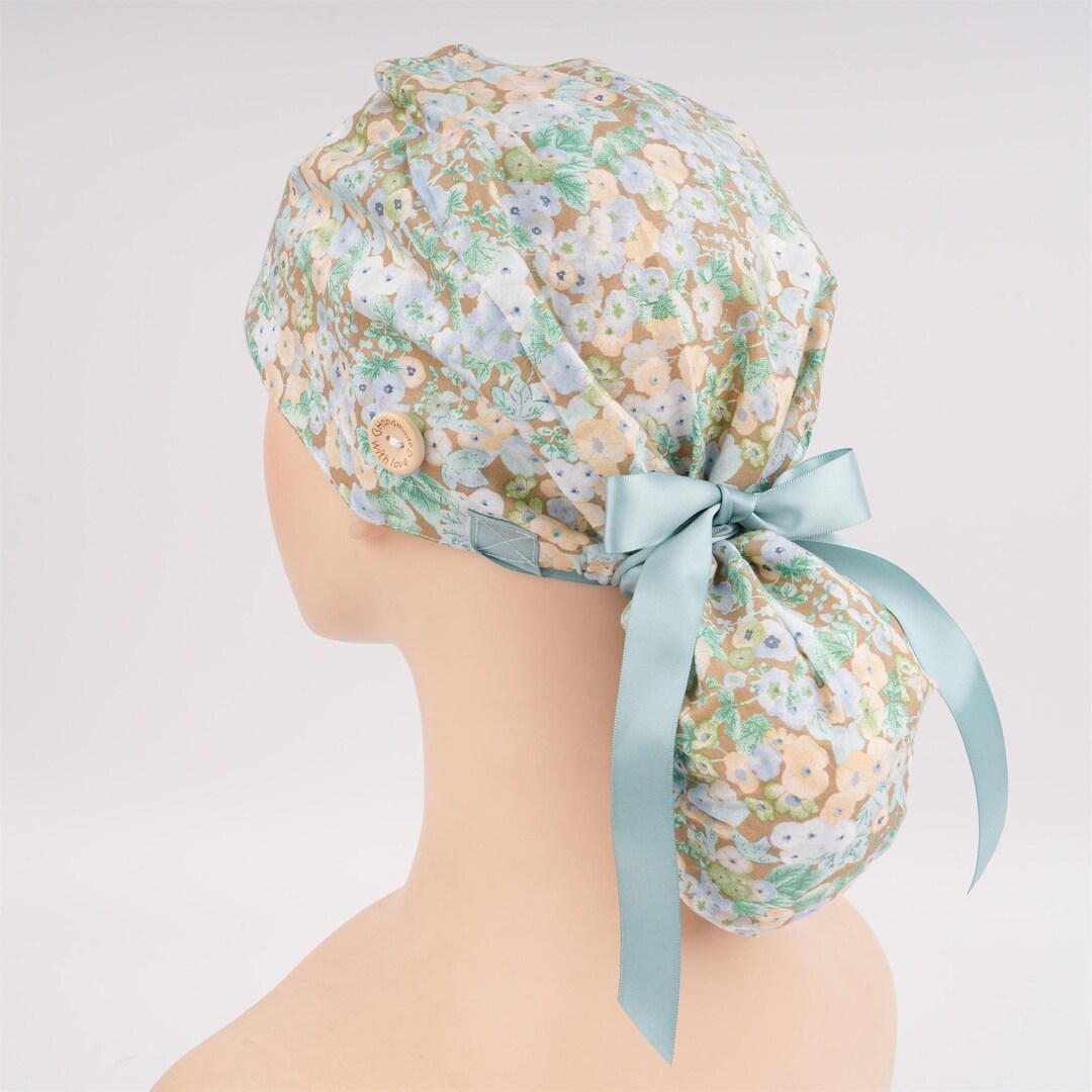 Floral Blue Ponytail Scrub Caps for Long Hair, Stretch Surgical Scrub ...