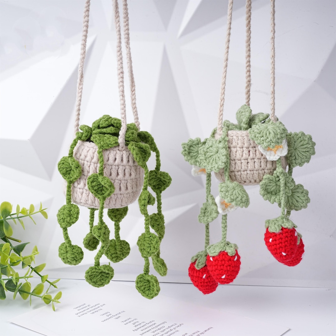 Handmade Crochet Greenery and Strawberry Car Pendant, Knitted ...