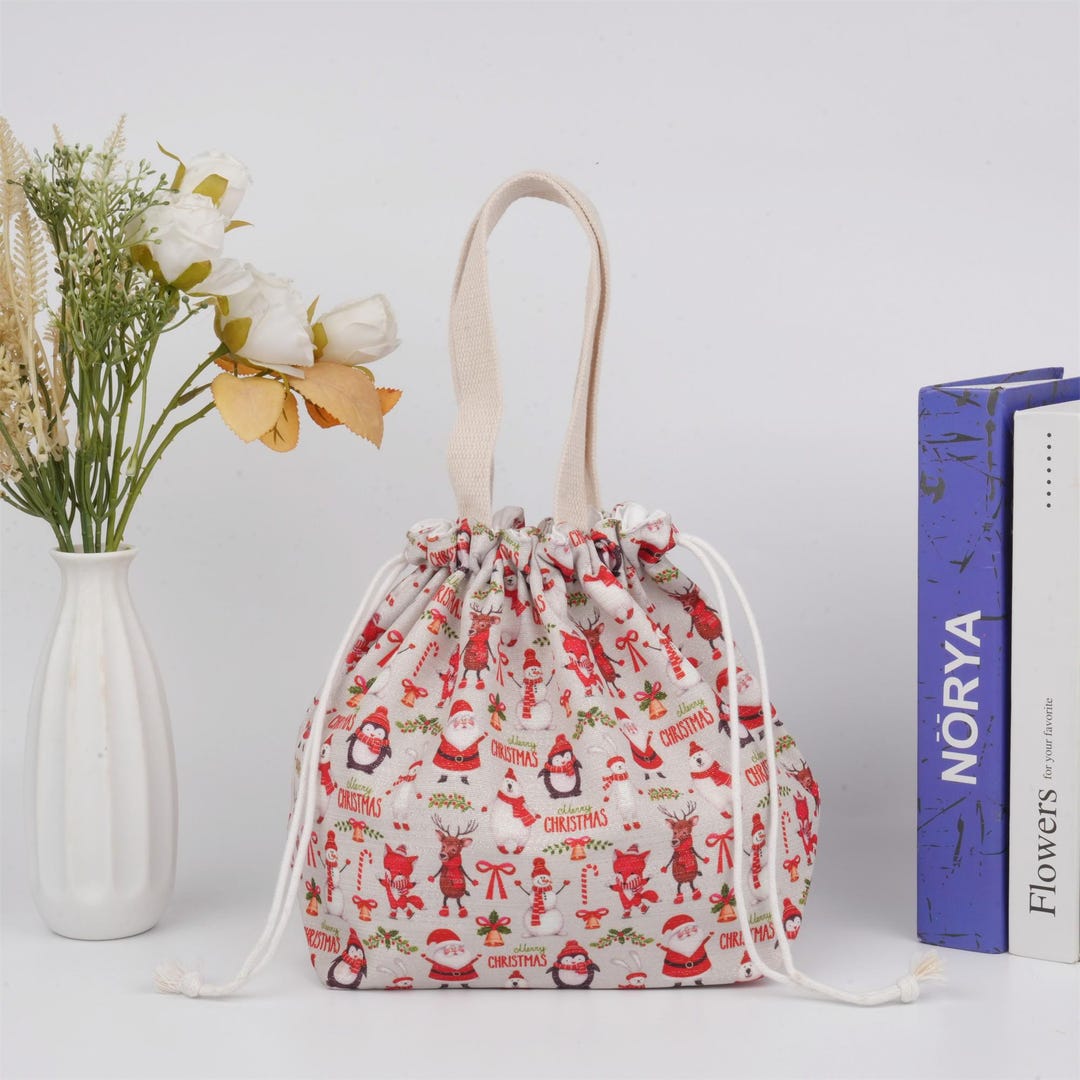 Christmas Handbag With Drawstring Closure,santa & Animals Print, Silver ...