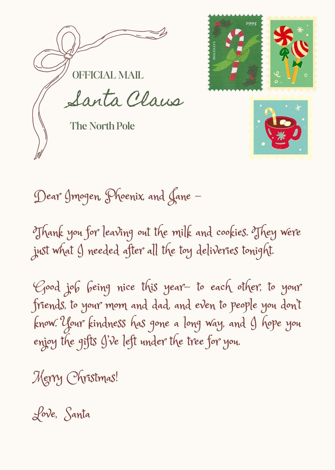 Kids Holiday / Christmas Letter From Santa - Customizable and Editable ...