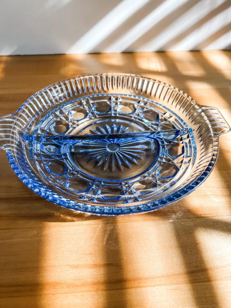 Vintage Federal Indiana Glass Windsor Blue Button and Cane Divided ...