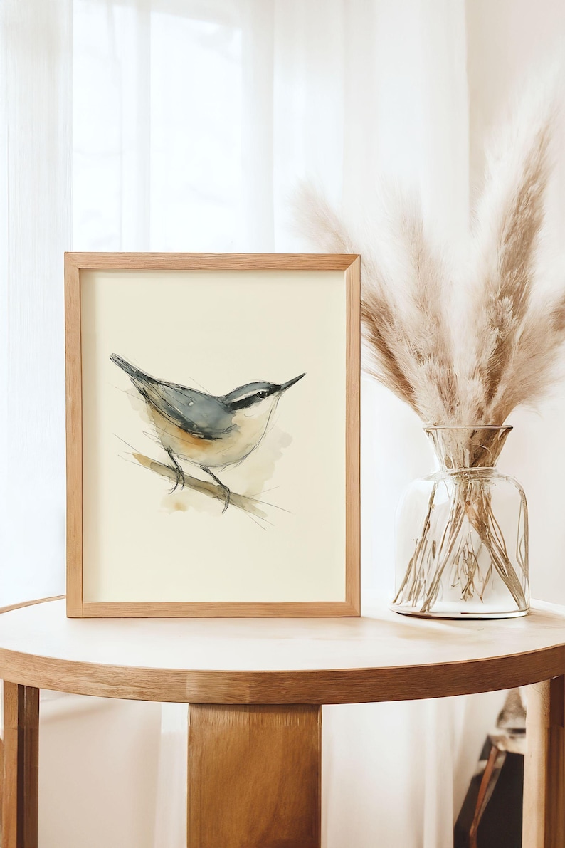 Nuthatch Watercolor Poster Print, Songbird Wall Art, Ink & Wash Nature ...