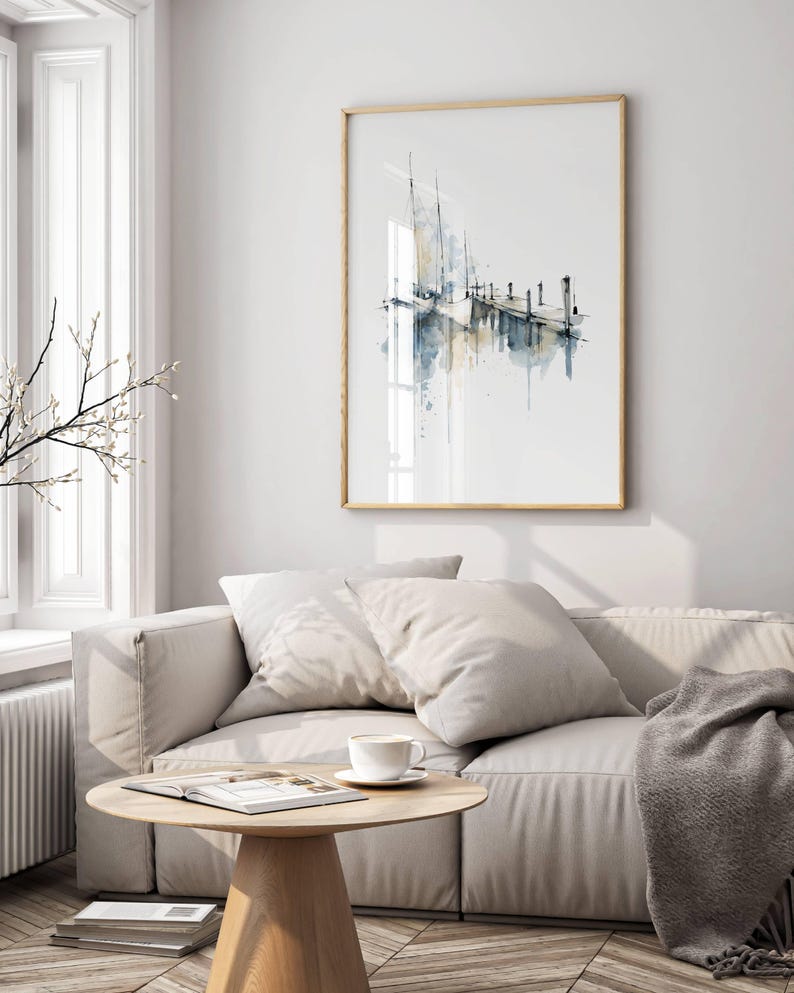 Boats Pier Marina Watercolor Ink Wall Art Print, Scenic Landscape ...