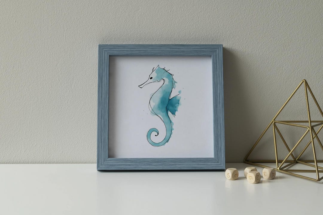 Seahorse Ocean Animal Watercolor Poster Print, Abstract Marine Life Ink ...