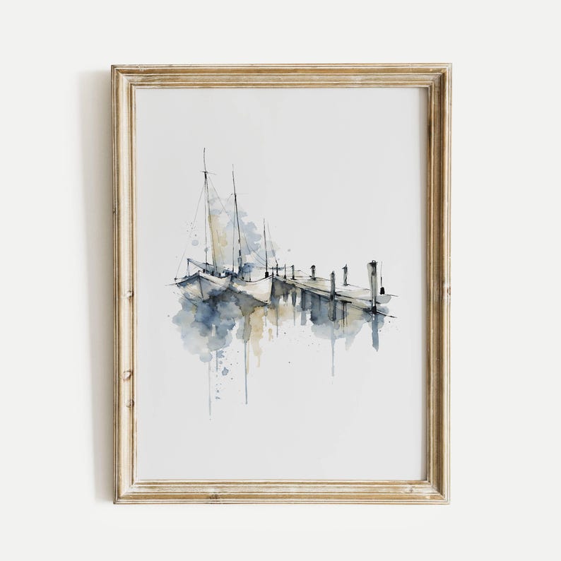 Boats Pier Marina Watercolor Ink Wall Art Print, Scenic Landscape ...