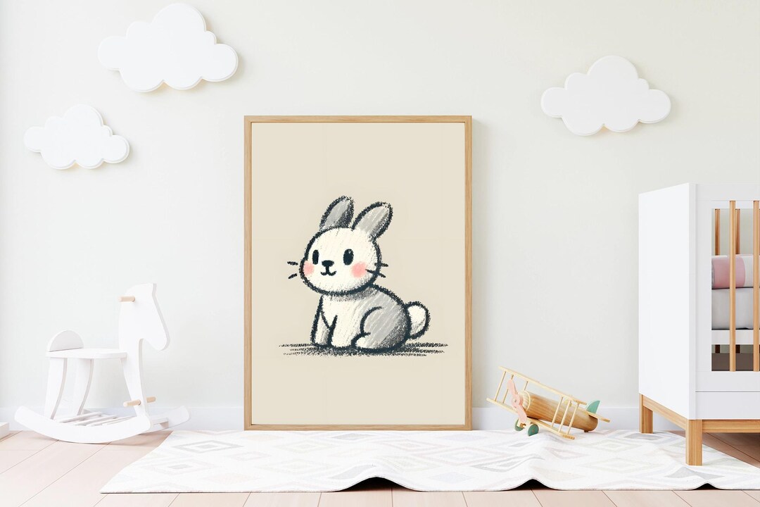 Bunny Rabbit Crayon Poster Art Print Illustration for Nursery, Newborn ...