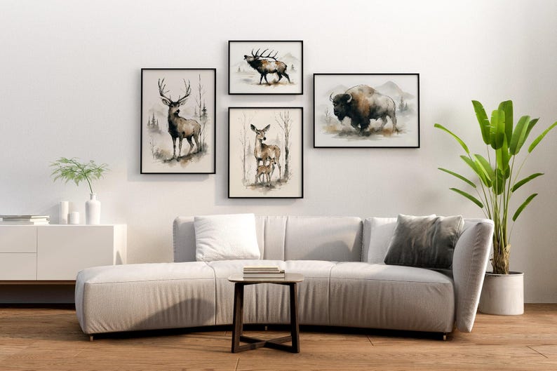 Deer and Fawn Minimalistic Watercolor Poster Print, Abstract Western ...