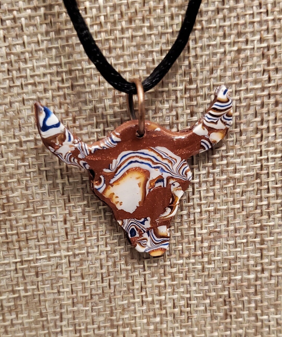 Copper Bull With Blue and White Designs Handmade Polymer Clay Necklace ...