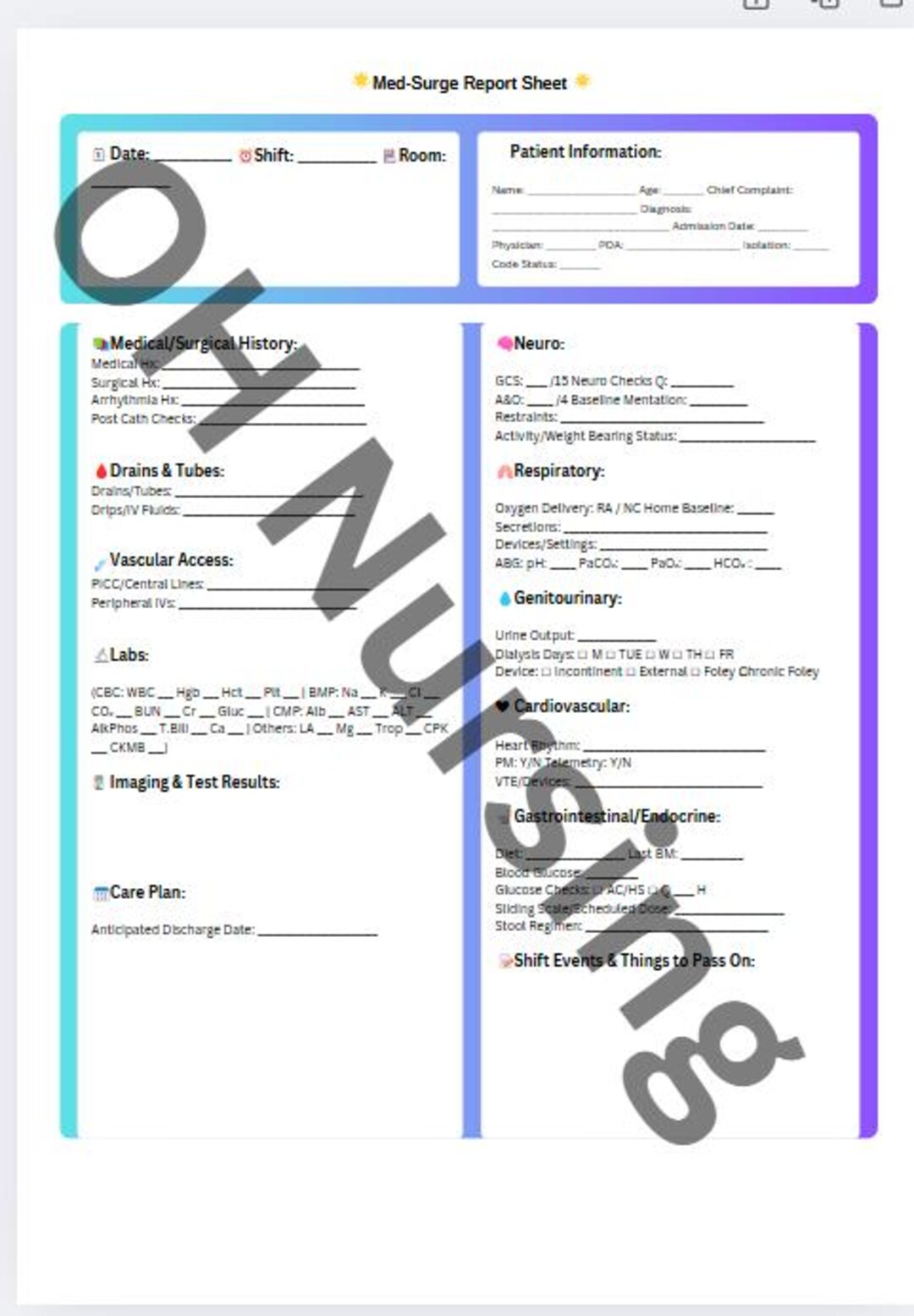 Med-surge Report Sheet - Etsy