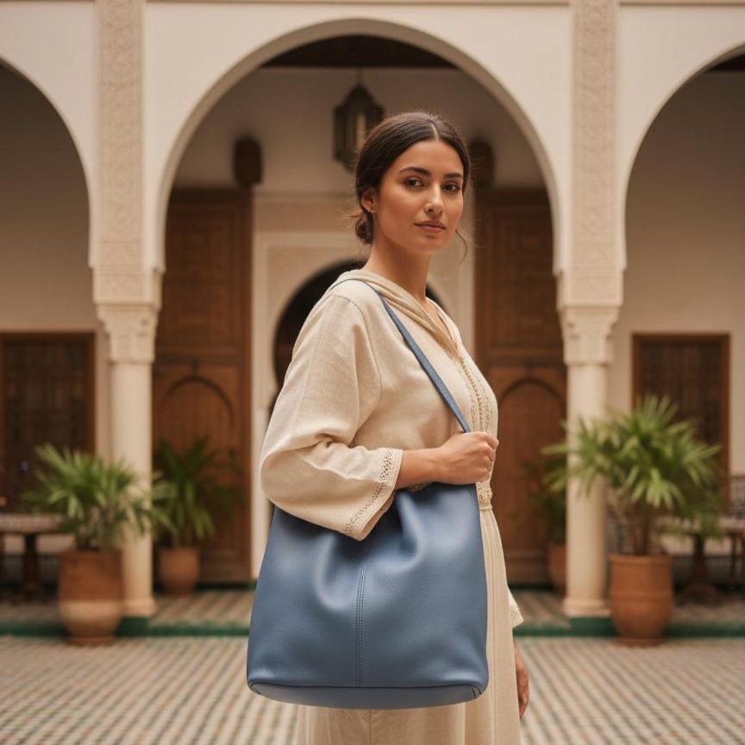Moroccan Leather Tote Bag for Women - Handmade Blue Leather Shoulder ...