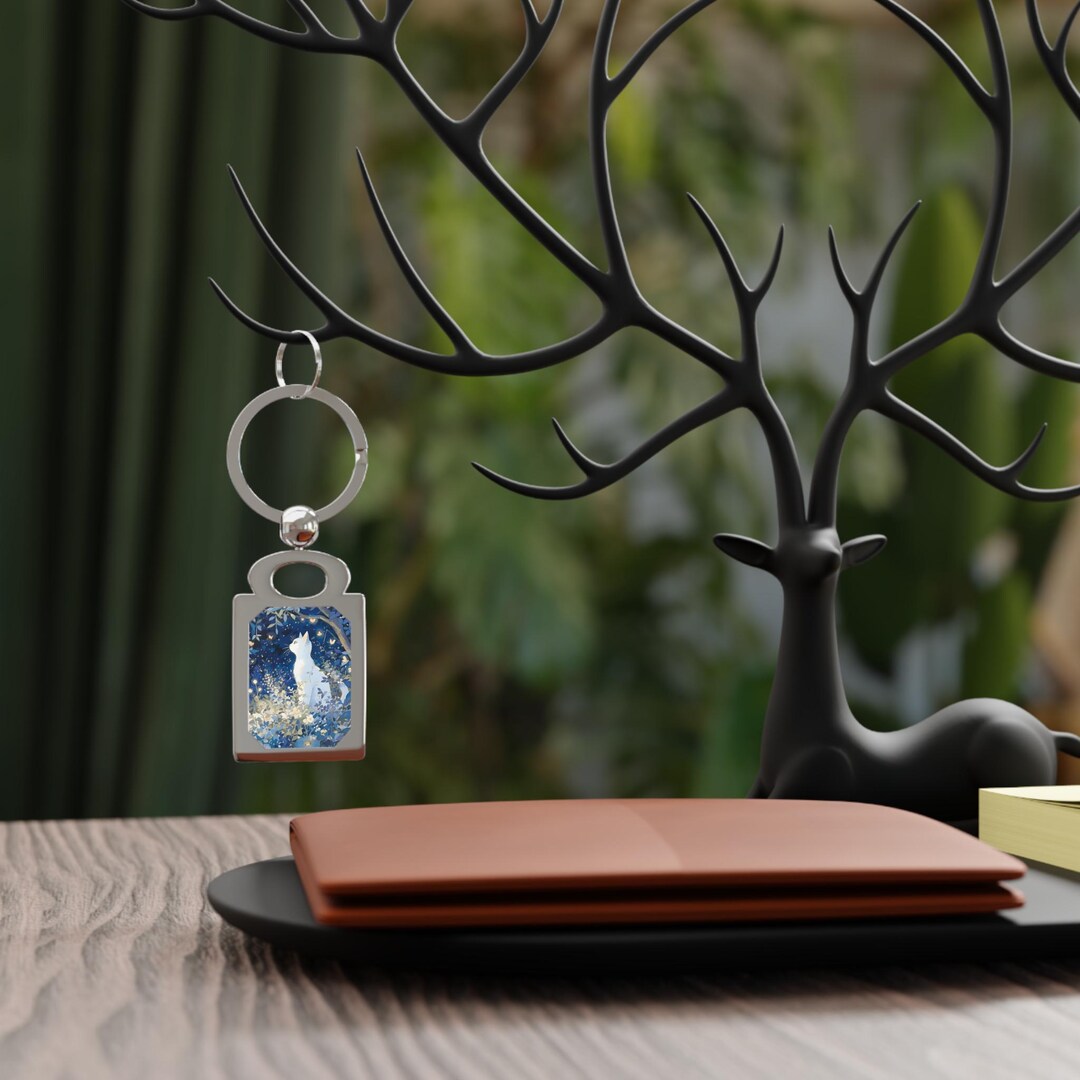 White Cat Nightscape Rectangle Photo Keyring | Silver Metal Keychain - Etsy