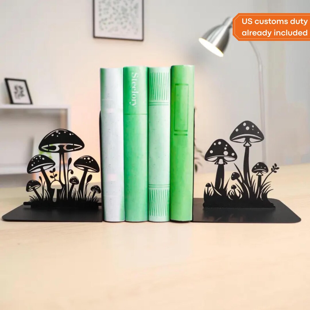 Bookends Mushroom Metal Bookends Black Bookshelf Decor Unique Gift for ...