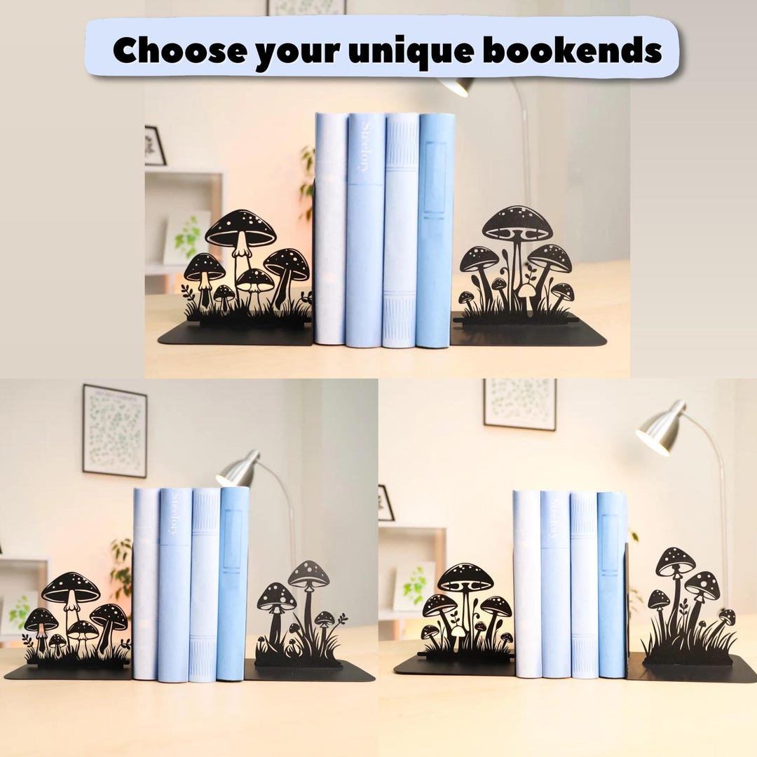 Modern Mushroom Bookends Metal Book Holder Bookshelf Organizer Unique ...