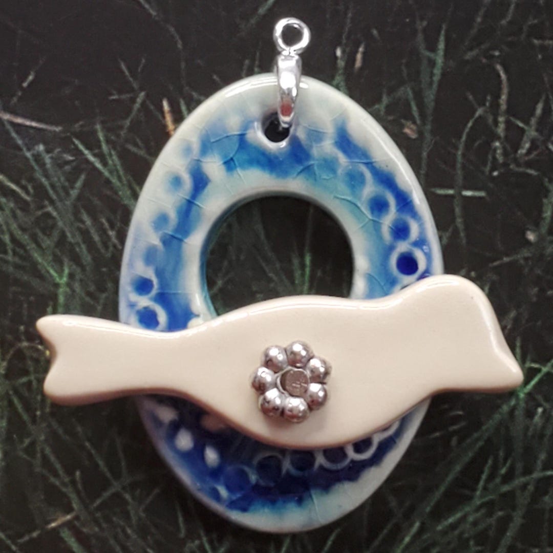 Blue and off White Floral Ceramic Bird Clasp, Large Clasp, Colorful ...
