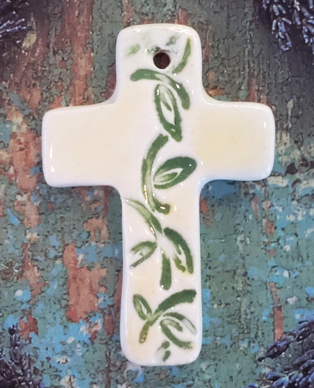 Green Vine and Pale Yellow Ceramic Cross Handmade Focal Necklace ...