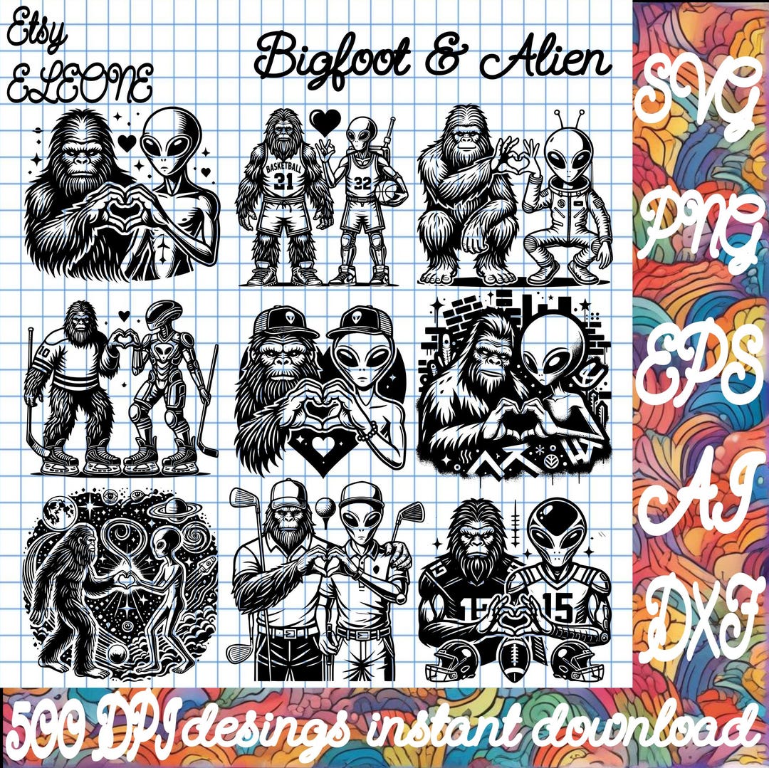 Bigfoot and Alien Heart Hands SVG Png Dxf AI EPS Cutting File for ...