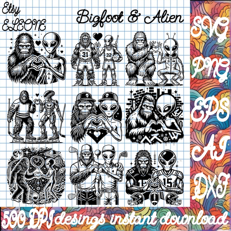 Bigfoot and Alien Heart Hands SVG Png Dxf AI EPS Cutting File for ...