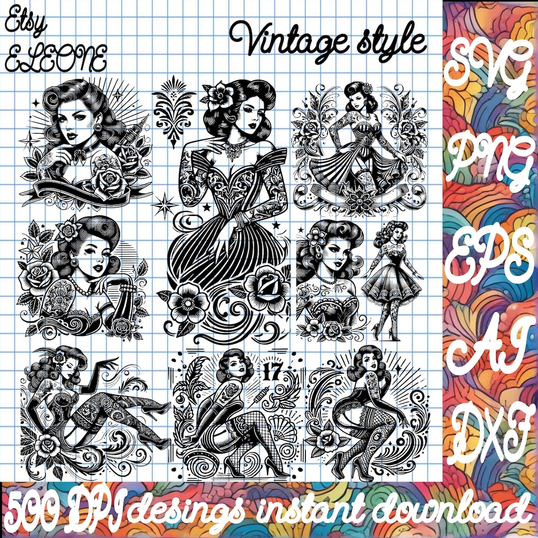 Sexy Vintage Pin-up Girl Tattoo SVG Png DXF Ai EPS | Cutting Files for ...
