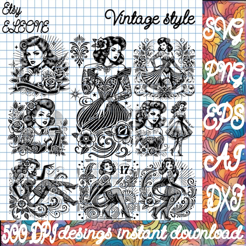 Sexy Vintage Pin-up Girl Tattoo SVG Png DXF Ai EPS | Cutting Files for ...