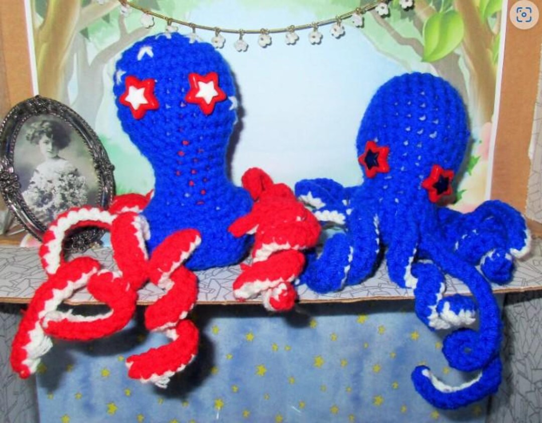 2 PATRIOTIC OCTOPUS DOLLS Ooak Hand Crocheted Plush Soft Sea Beach Fish ...