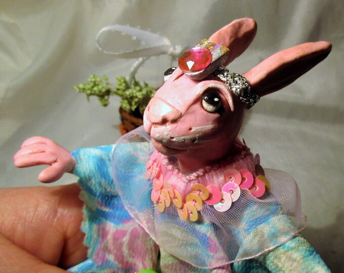 Pink Bunny DOLL OOAK Folk Art Handmade Fabric Polymer Rabbit Happy ...