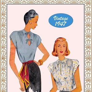 Vintage 1947-DOUBLE KEYHOLE Blouse-sewing Pattern-two Styles-cut-in-one ...