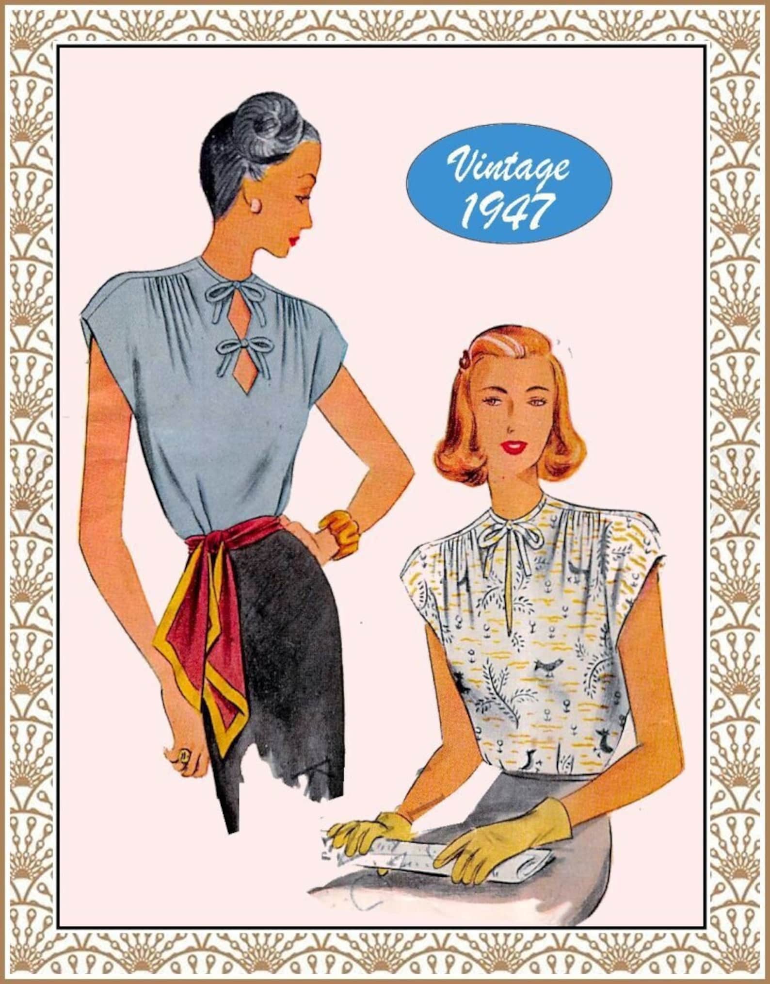 Vintage 1947-DOUBLE KEYHOLE Blouse-sewing Pattern-two Styles-cut-in-one ...