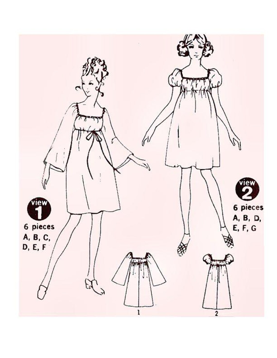 1968-ANGEL WING Dress-print-at-home-sewing Pattern-2 Styles-empire ...