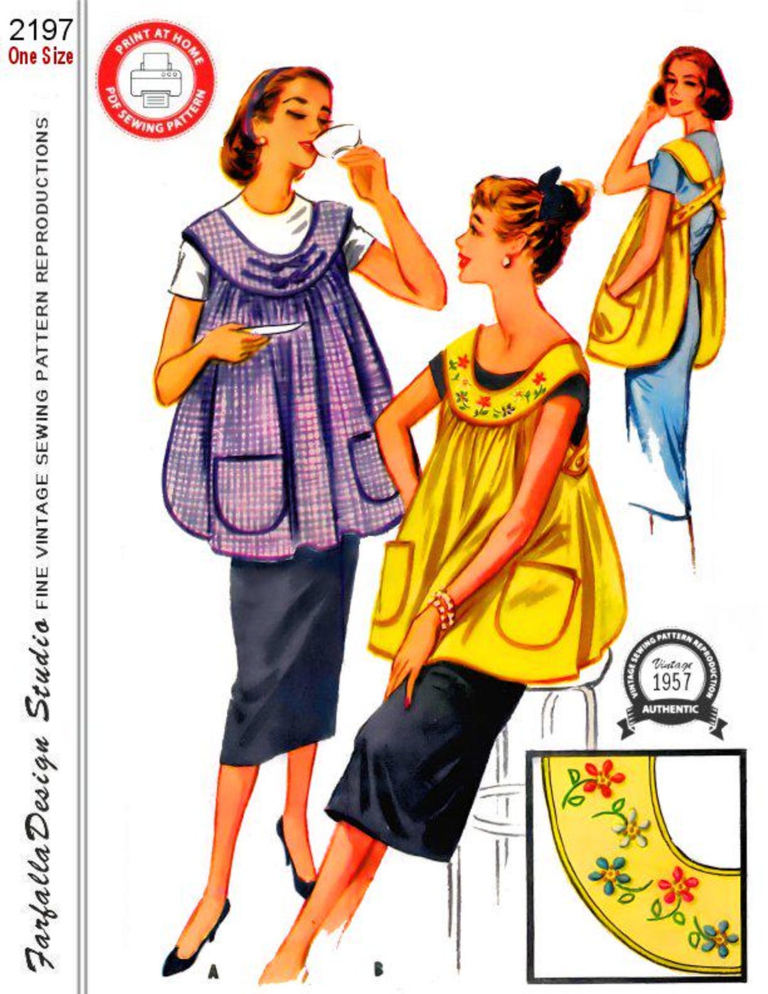 1957-SMOCK Apron-print-at-home-sewing Pattern-2 Styles-shaped Yoke ...
