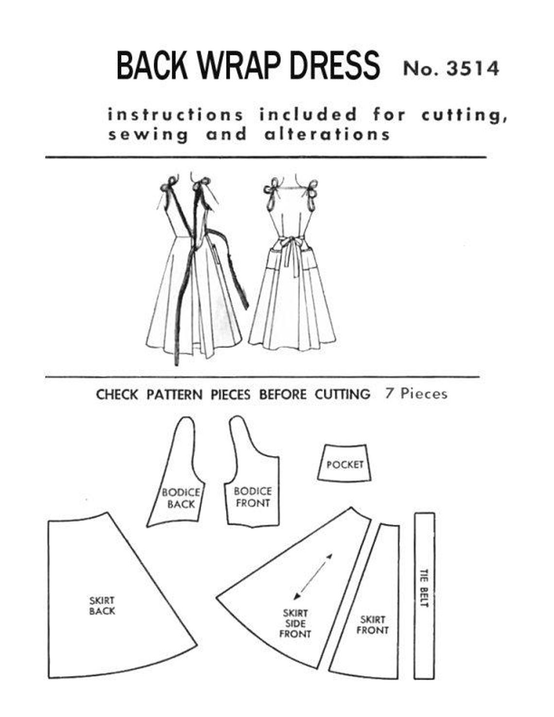 1955-BACK-WRAP Dress-print-at-home-sewing Pattern-flirty Flared Skirt ...