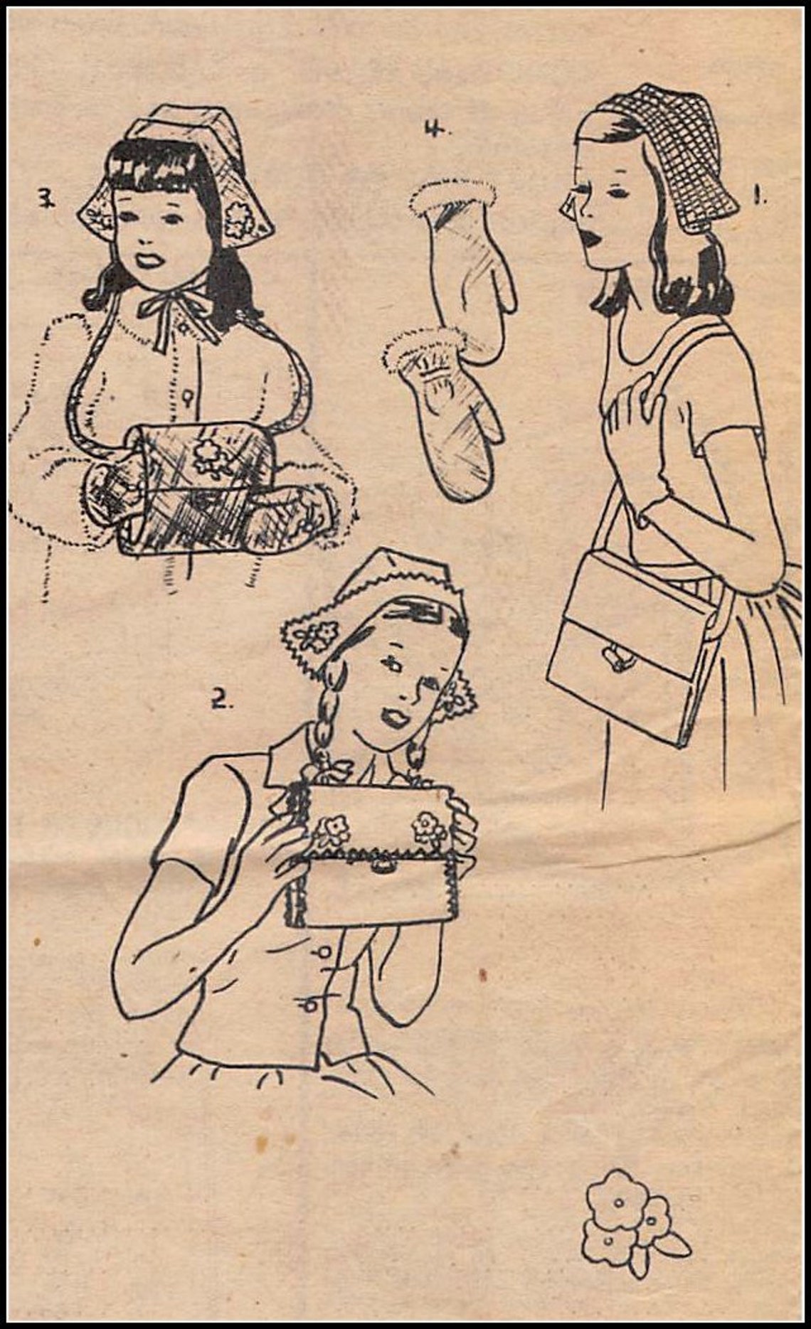 Vintage 1940s-toddler DUTCH Caps-sewing Pattern-matching Bags-muff-fur ...