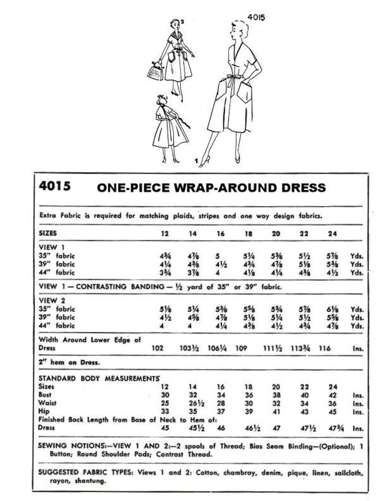 1952-BACK WRAP Dress-print-at-home Sewing Pattern-2 Styles-big Patch ...