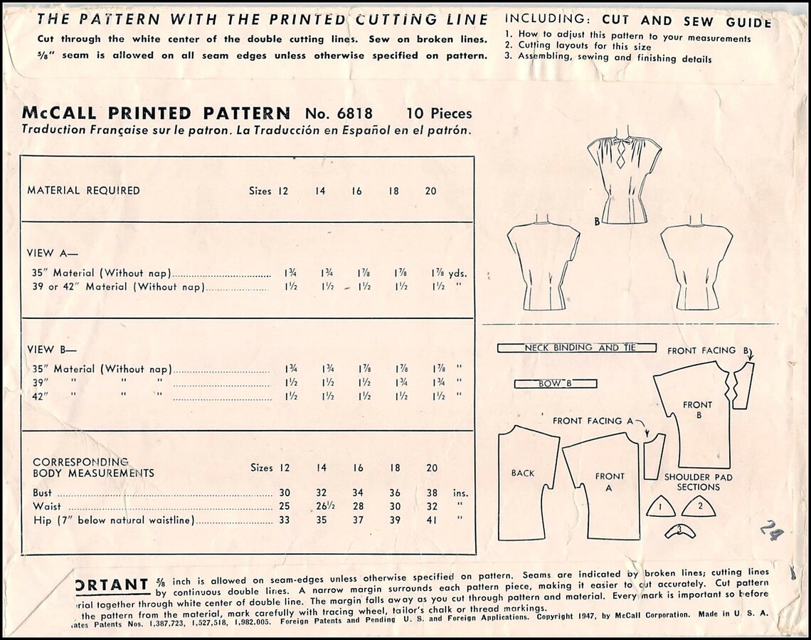 Vintage 1947-DOUBLE KEYHOLE Blouse-sewing Pattern-two Styles-cut-in-one ...
