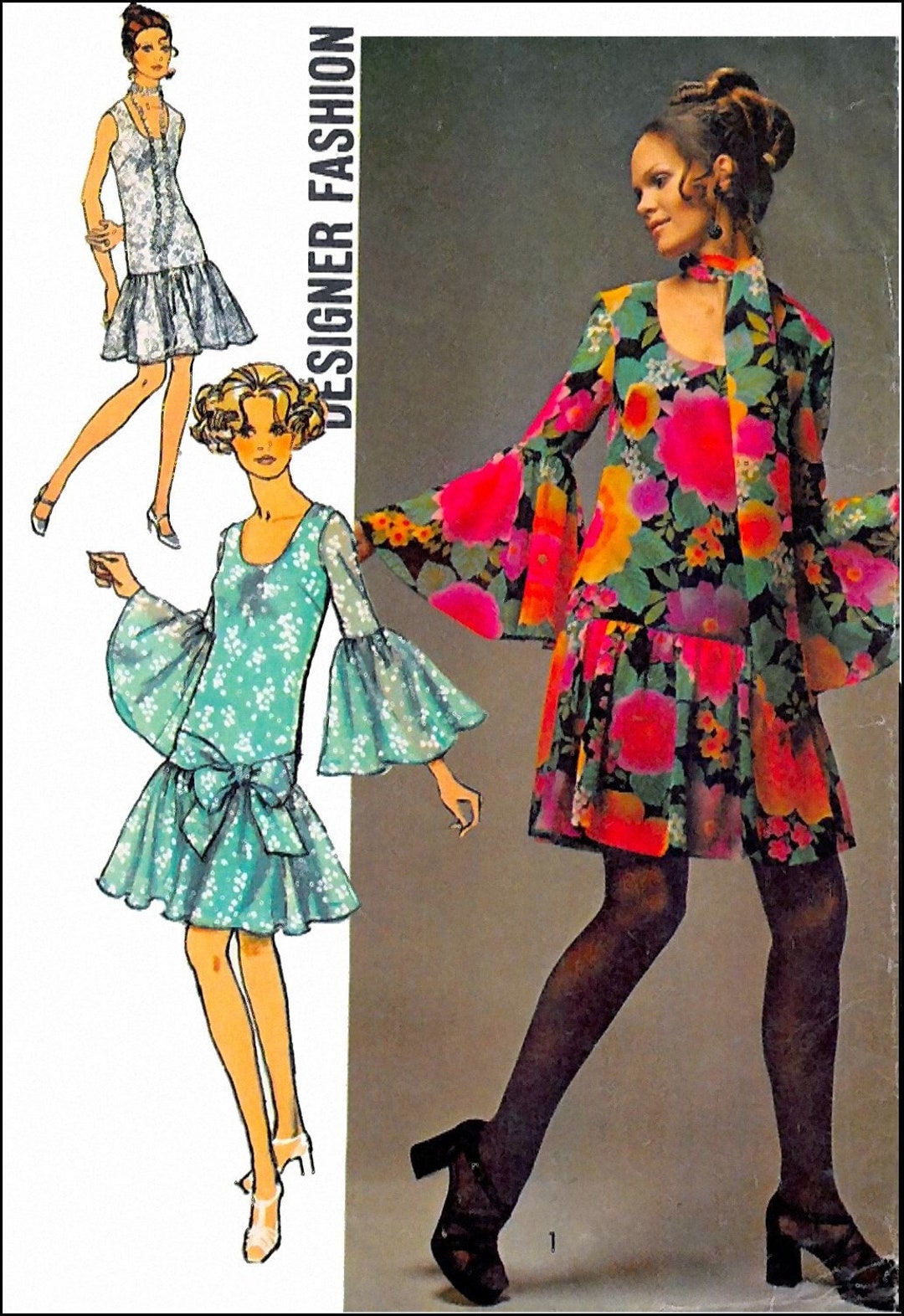 Vintage 1970-MOD PARTY Dress-sewing Pattern-2 Styles-trumpet Sleeves ...