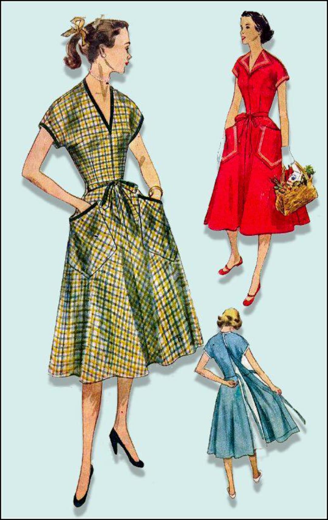 Vintage 1952-BACK WRAP Dress-sewing Pattern-two Styles-waitress-house ...