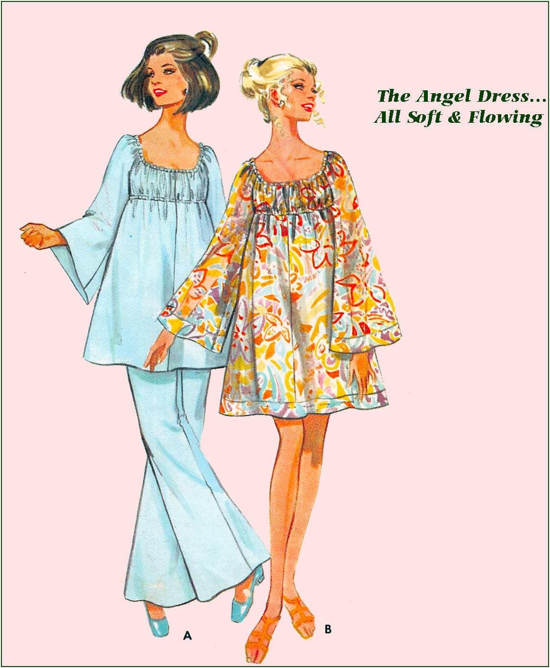 Vintage 1969-ANGEL WING Dress-sewing Pattern-top-wide Legged Pants ...