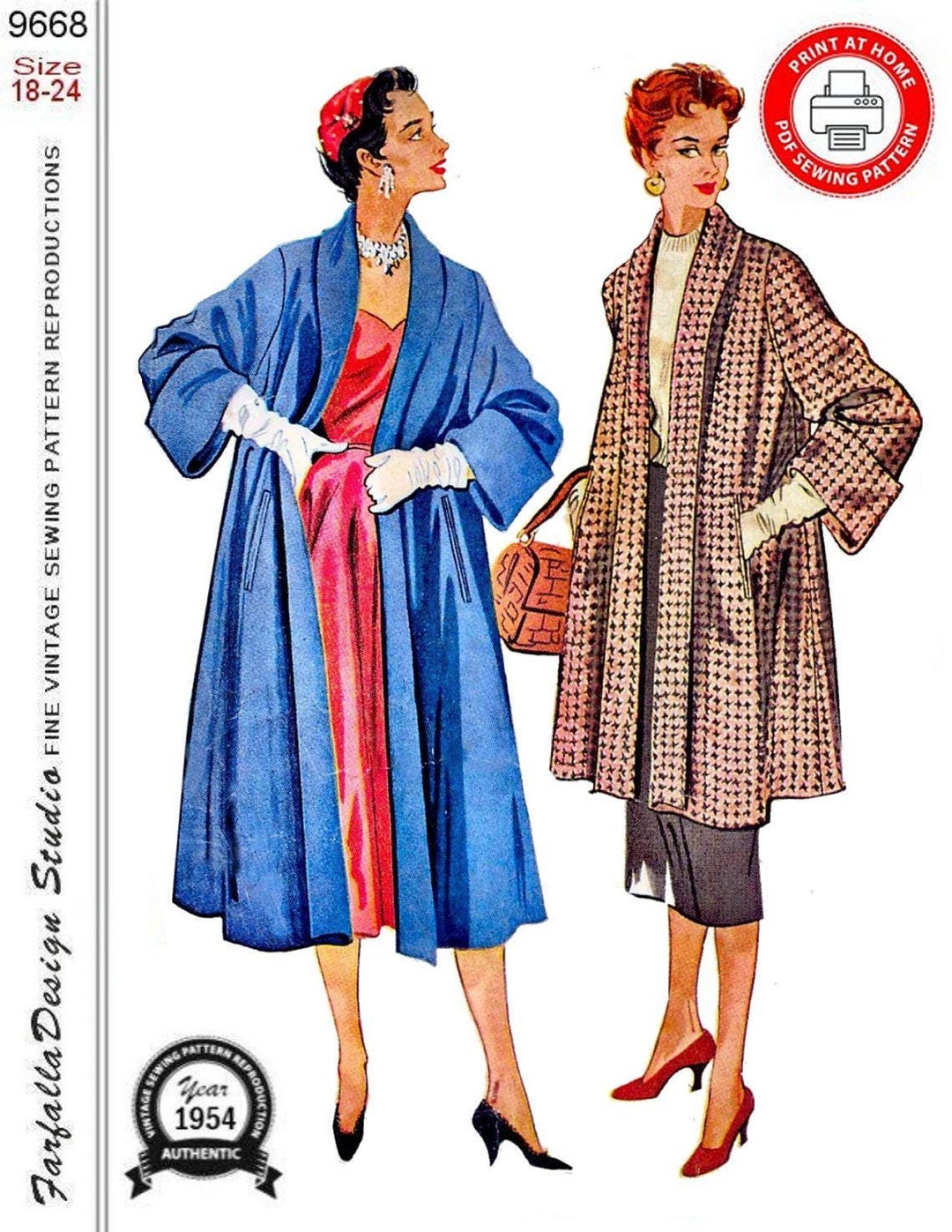 1954-GLAM SWING Coat-day-evening Styles-tailored-loose Fit-print-at ...