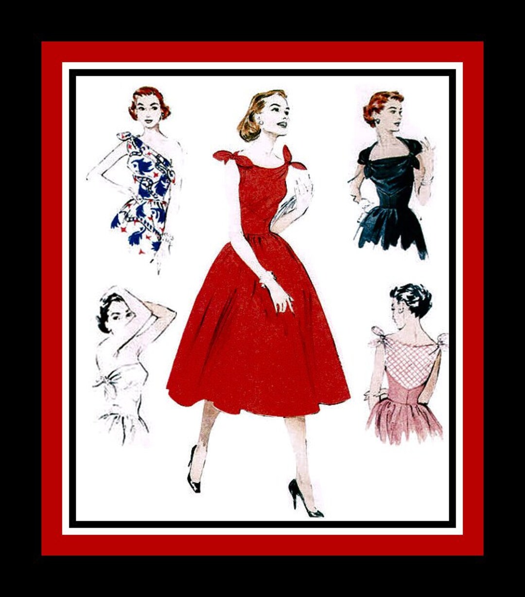 1953-FLIRTY PARTY Dress-sewing Pattern-five Lovely Styles-shoulder Tie ...