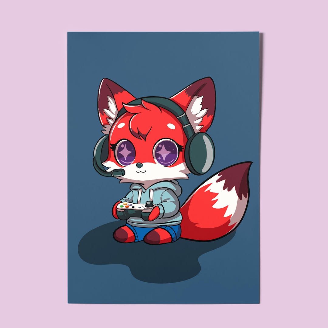 Kawaii Fox Gamer A4 Art Print - Gaming Wall Art – Cute Fox Wall Art - Etsy