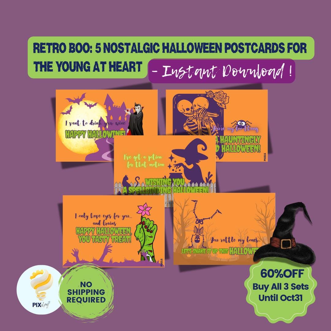 Retro Boo: 5 Nostalgic Halloween Postcards Printable Set Instant ...
