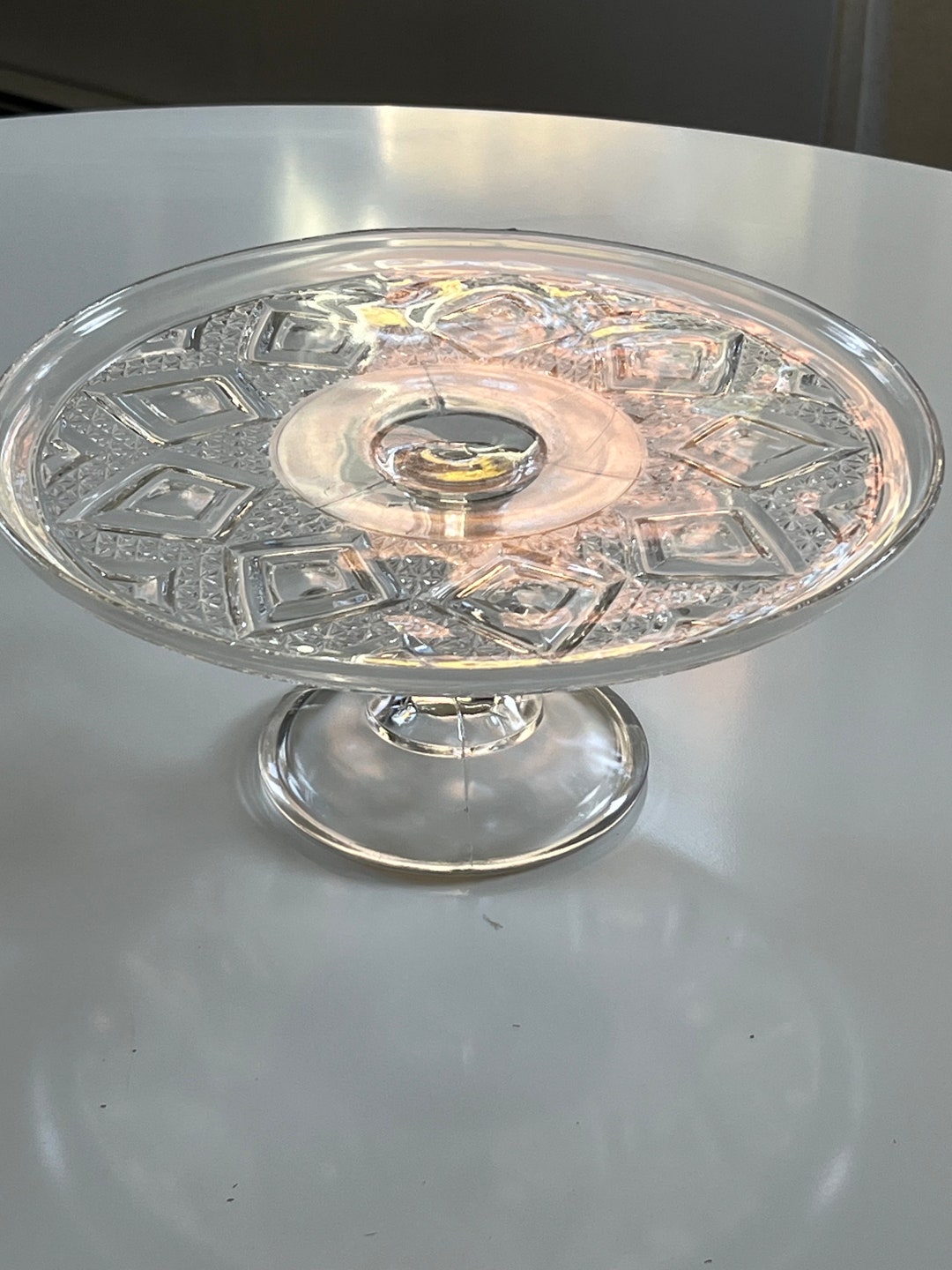 Antique EAPG Cake Stand serving Platter Glass Pedestal Tray Diamond ...