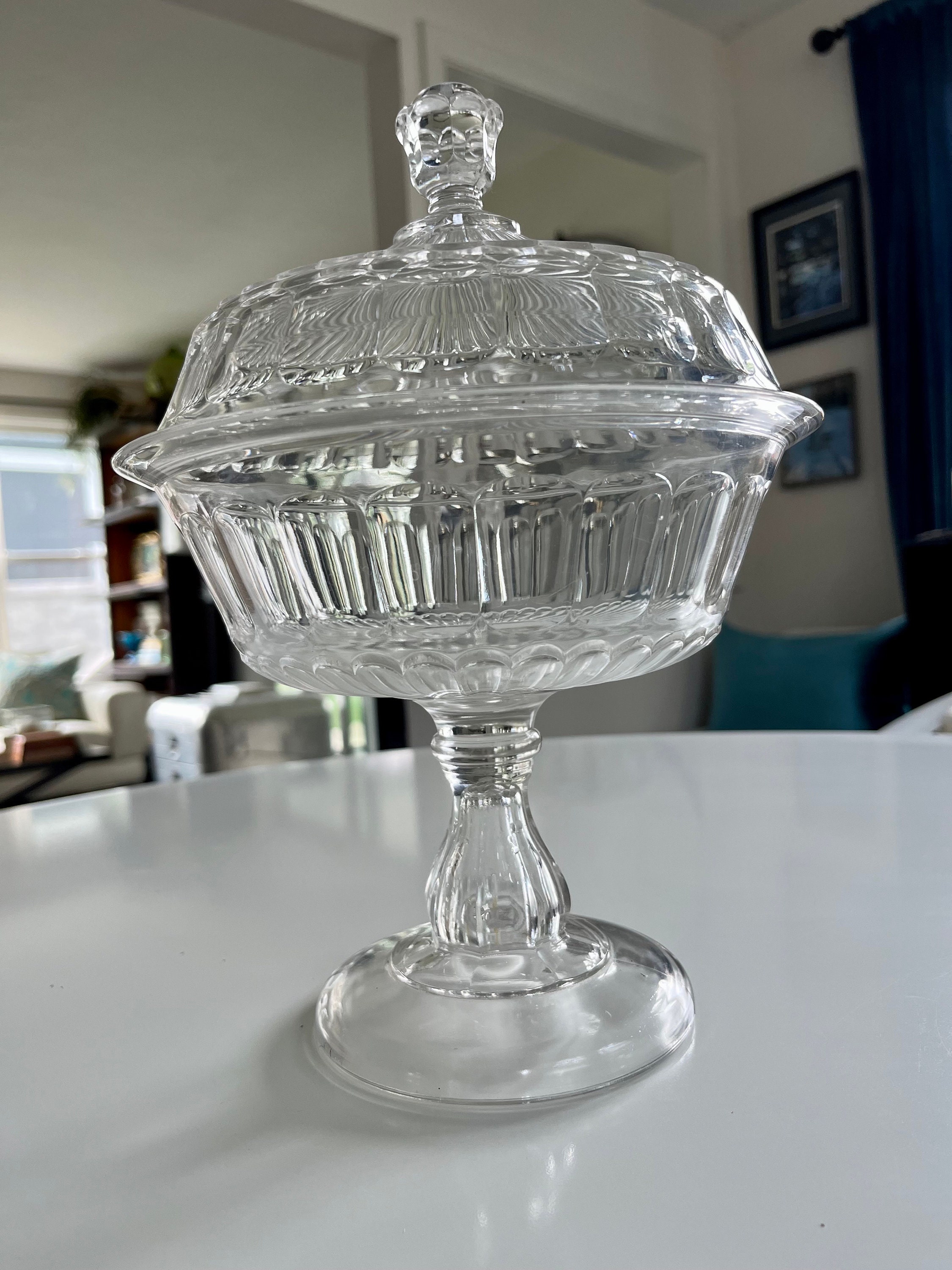 Vintage Clear Glass Compote Lid Serving Dish Pedestal Bowl Candy Dish ...
