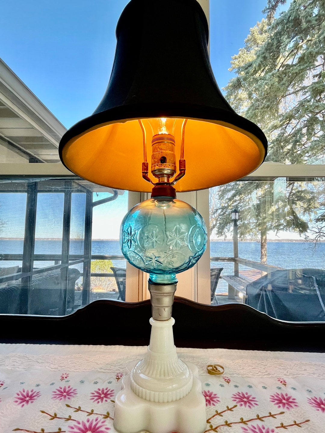 Antique | Blue Glass + Milk Glass Lamp | Boston & Sandwich Glass Co ...