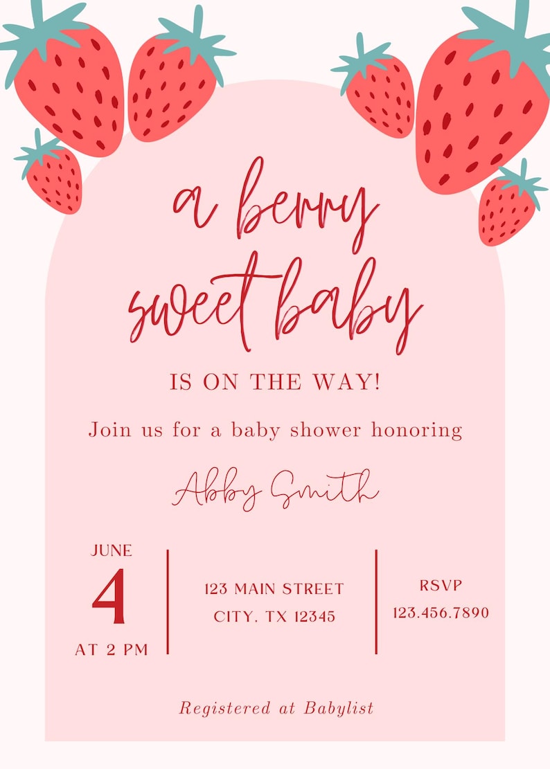 Editable Berry Sweet Baby Shower Invitation for Baby Girl, Digital ...