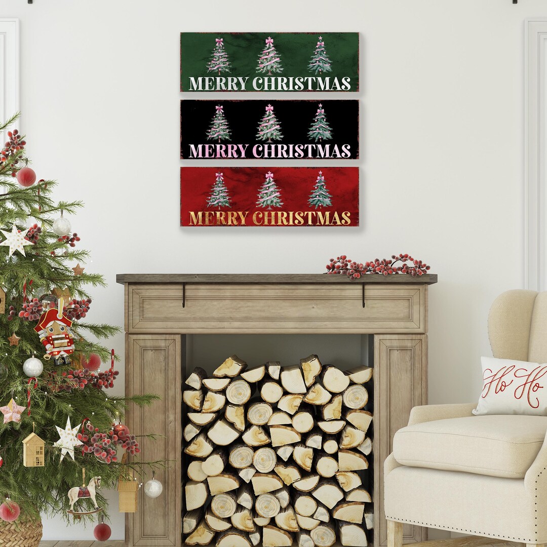 Merry Christmas Wall Decor: Watercolor Tree Holiday Plaque (36in X 12in ...