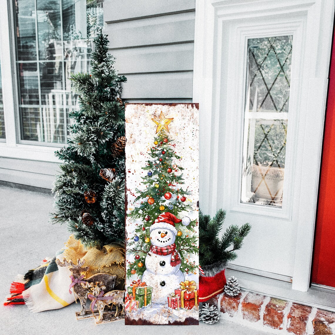 36in Vintage Christmas Snowman Porch Sign Front Porch Christmas Welcome ...