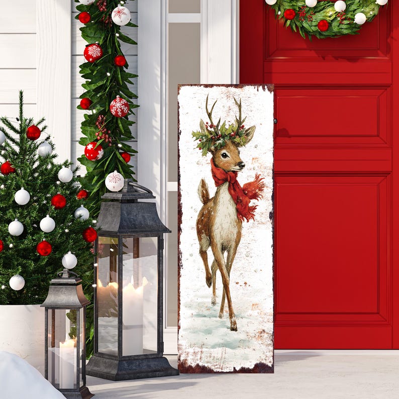 Christmas Deer Porch Sign: Rustic Farmhouse Holiday Decor - Etsy