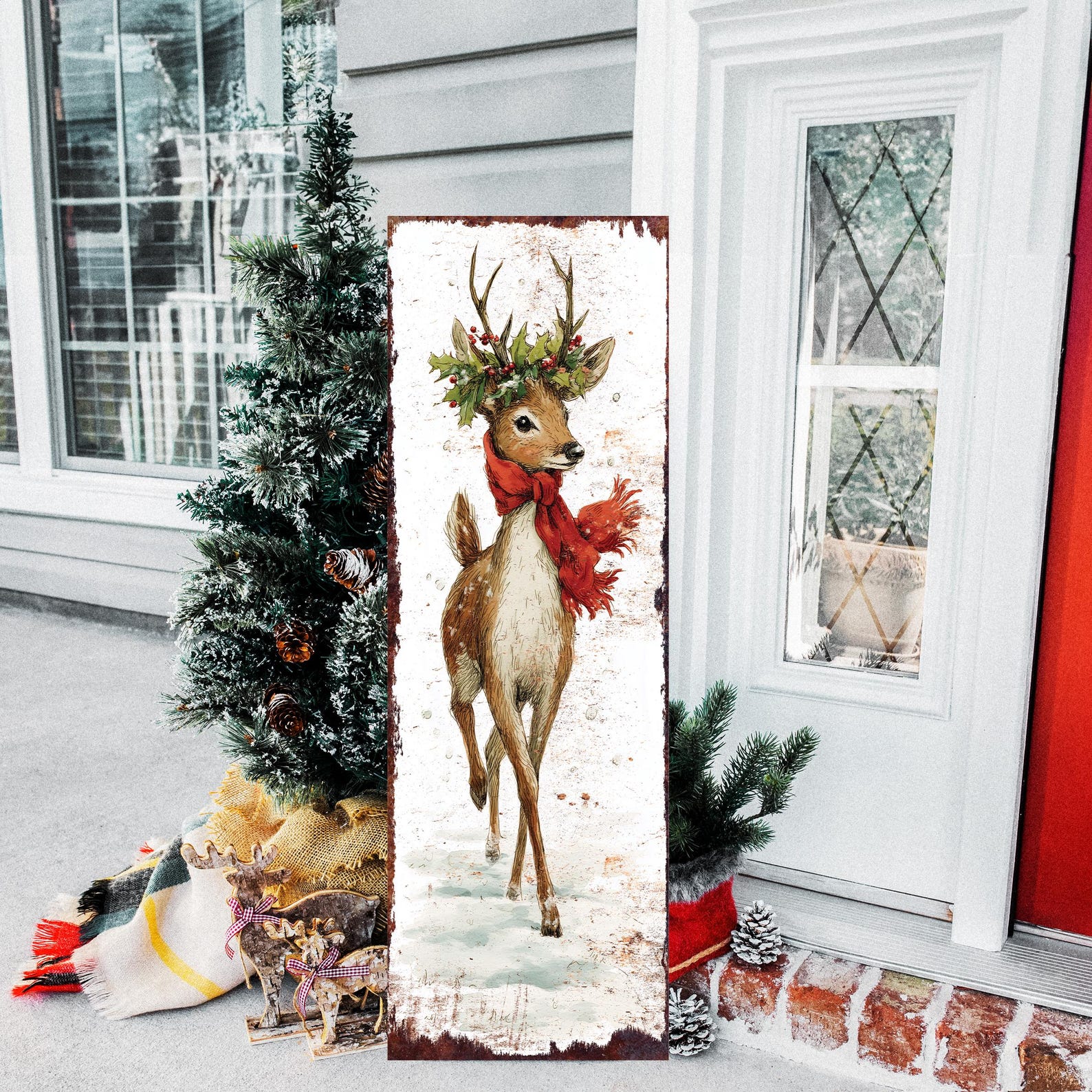 Christmas Deer Porch Sign: Rustic Farmhouse Holiday Decor - Etsy
