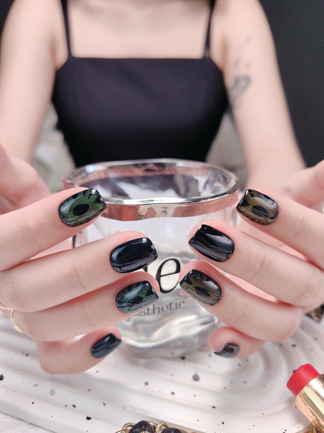 Acrylic Nails Evil Eye Green Chasing Light Cat Eye Black Press on Nails ...