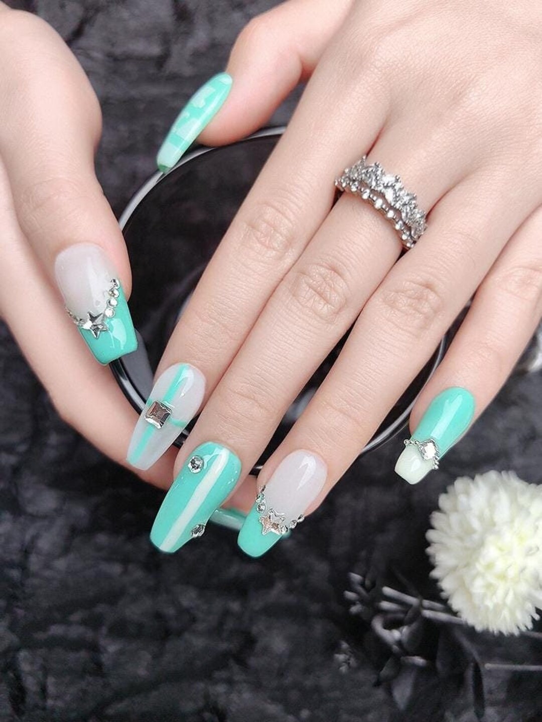 Long Coffin Acrylic Press on | Rhinestone Press-on Nails | Green High ...